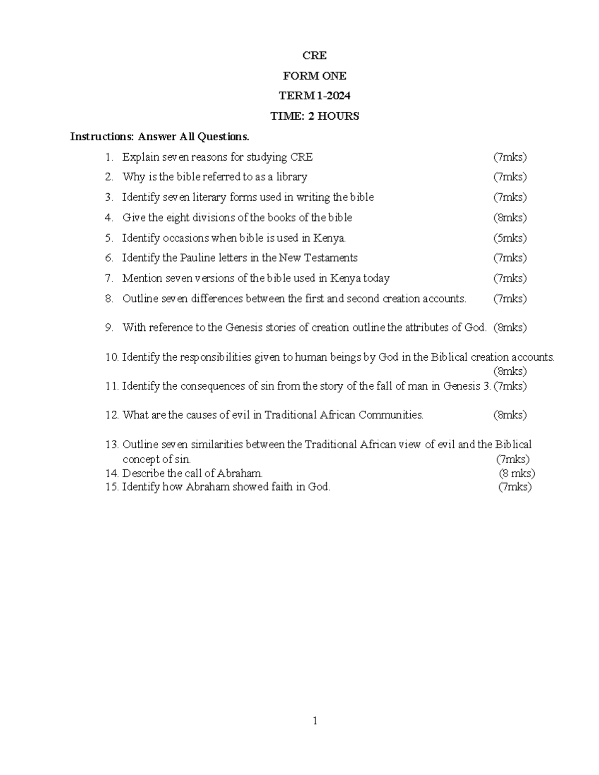 Form 1 CRE - Question Paper - CRE FORM ONE TERM 1- TIME: 2 HOURS ...