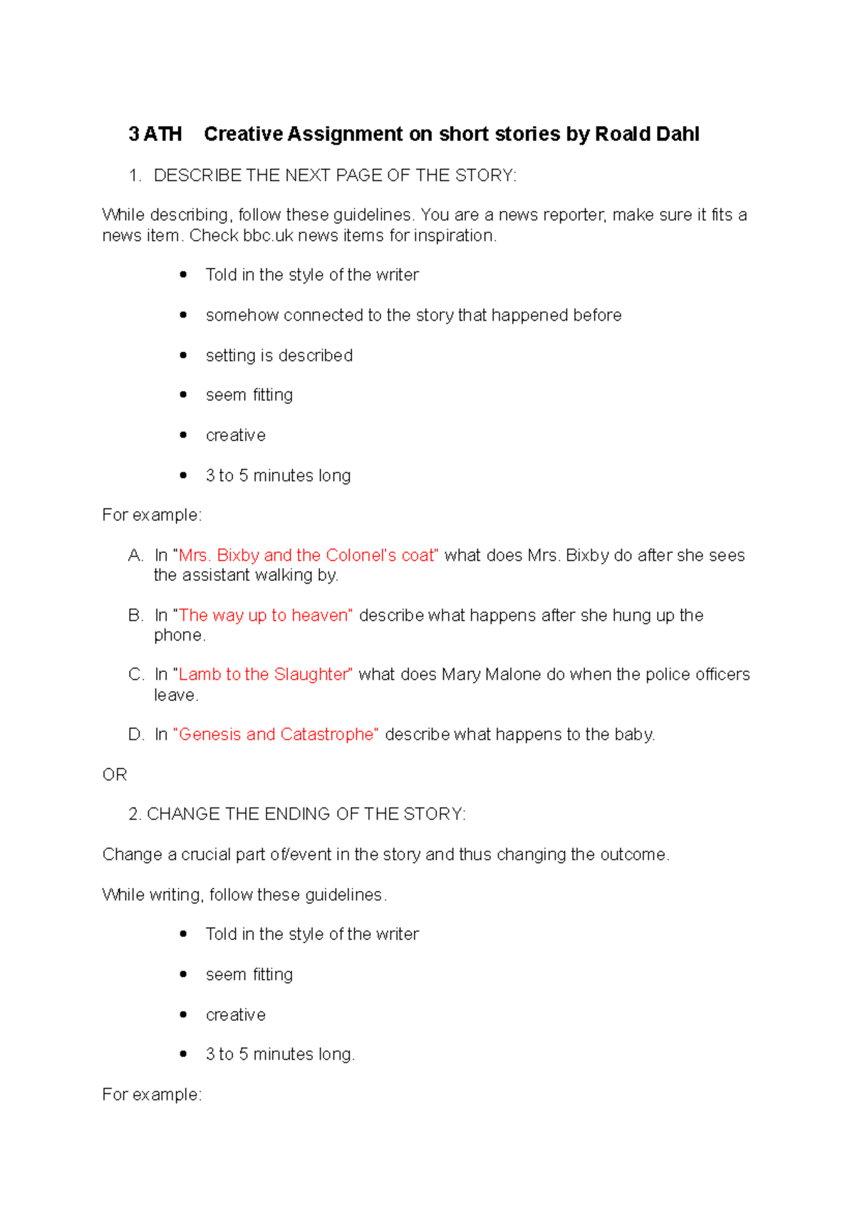 Creative Assignment on Roald Dahl's Short Stories (3 ATH) 22-23 ...