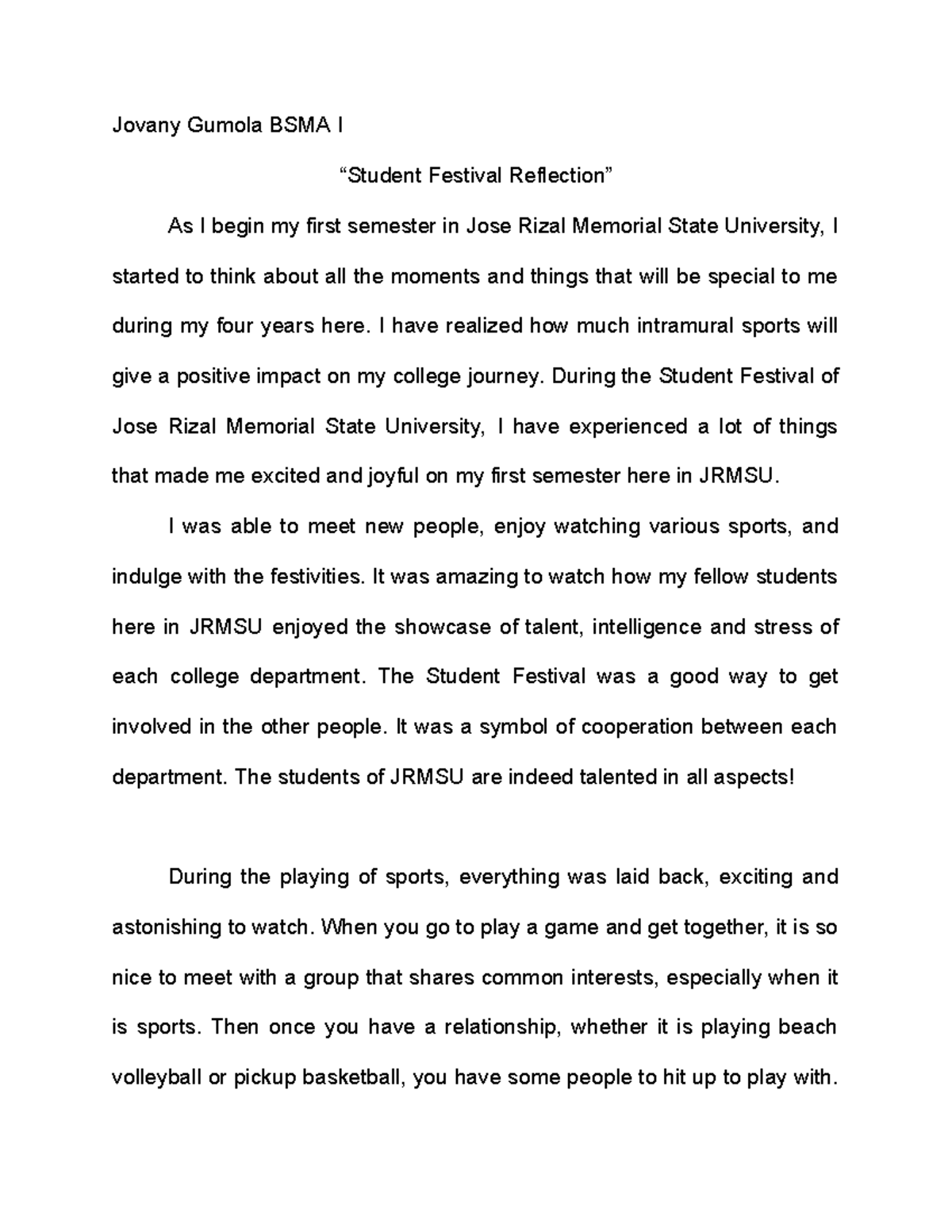 BSMA I - Student Festival Reflection Notes - Studocu