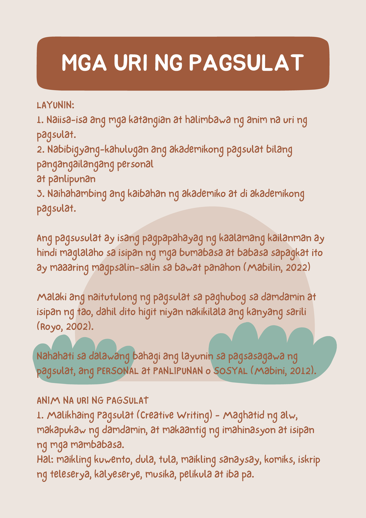 Aralin 1: Anim na Uri ng Pagsulat at Kanilang Katangian - Studocu