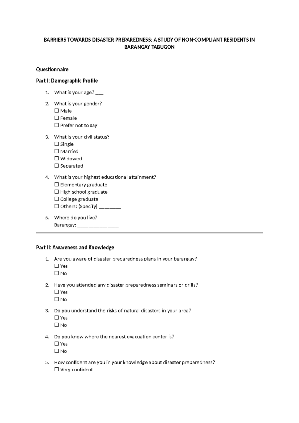 Barriers Towards Disaster Preparedness- Questionaire - BARRIERS TOWARDS ...