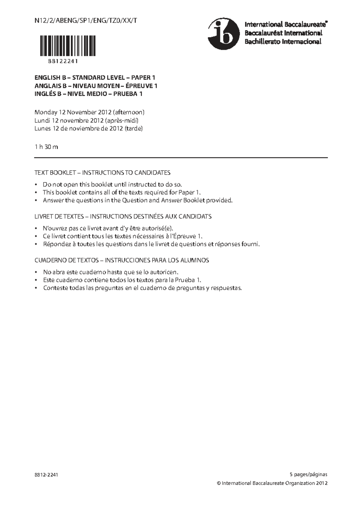 English B SL Paper 1 Text Booklet - November 2012 - Studocu