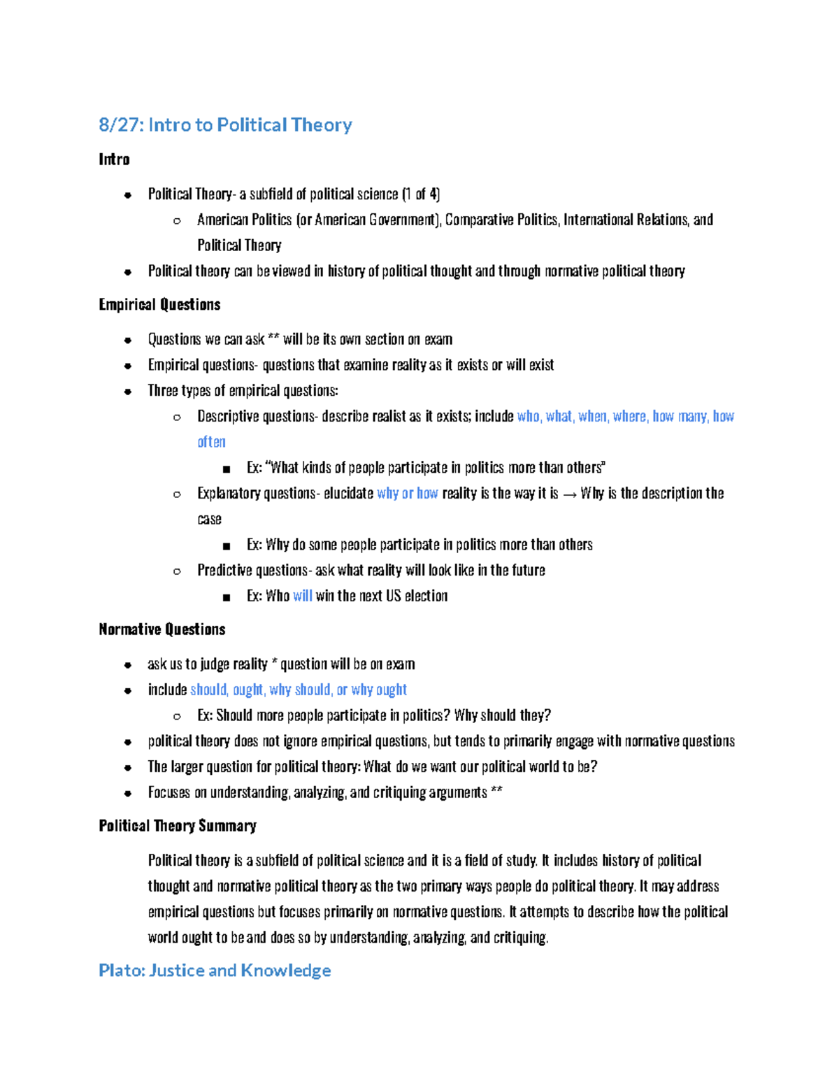 POL 101: Intro to Political Theory - Key Concepts and Questions - Studocu