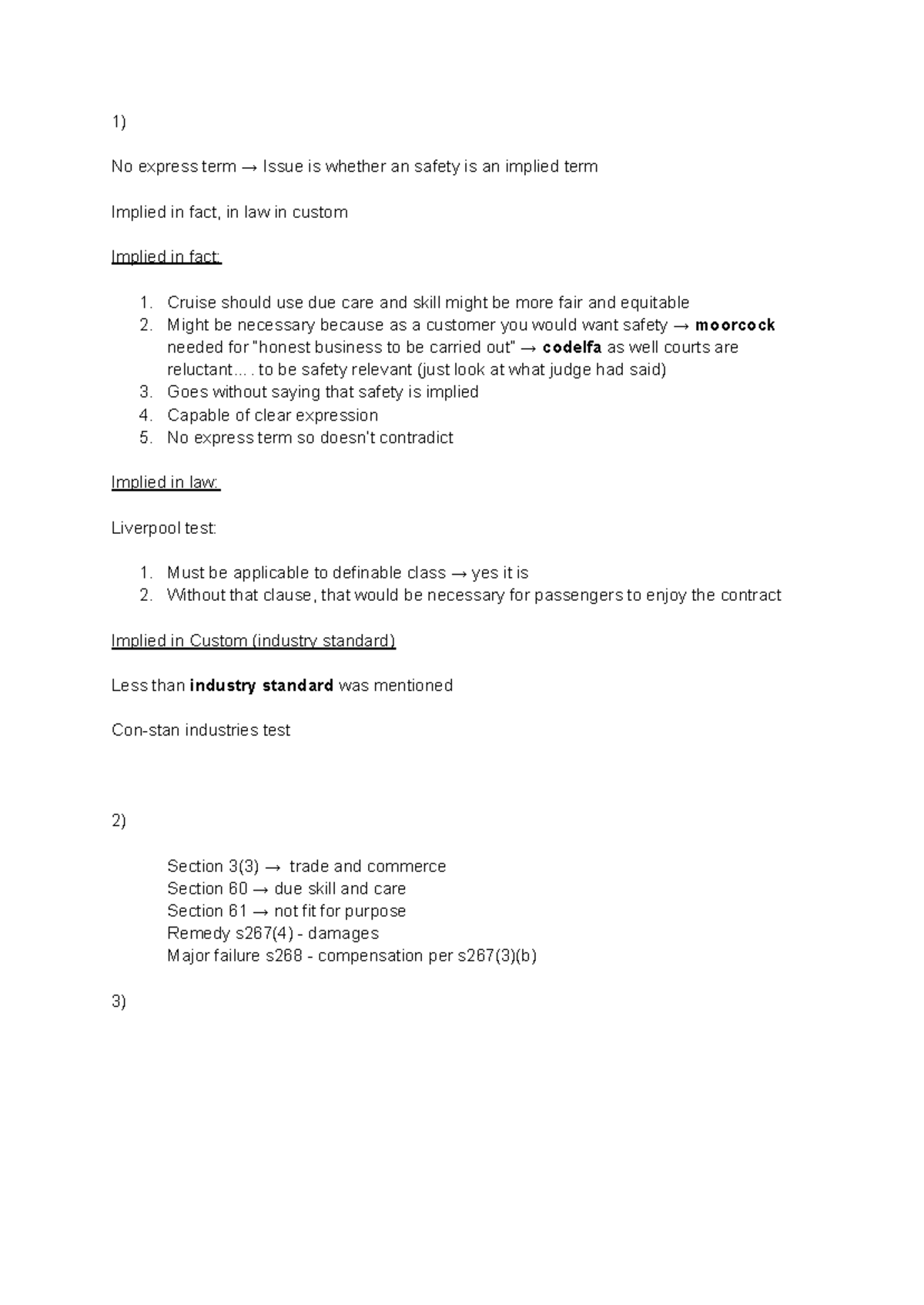 2022 Prac Exam Notes: Implied Terms & Safety Issues - Studocu