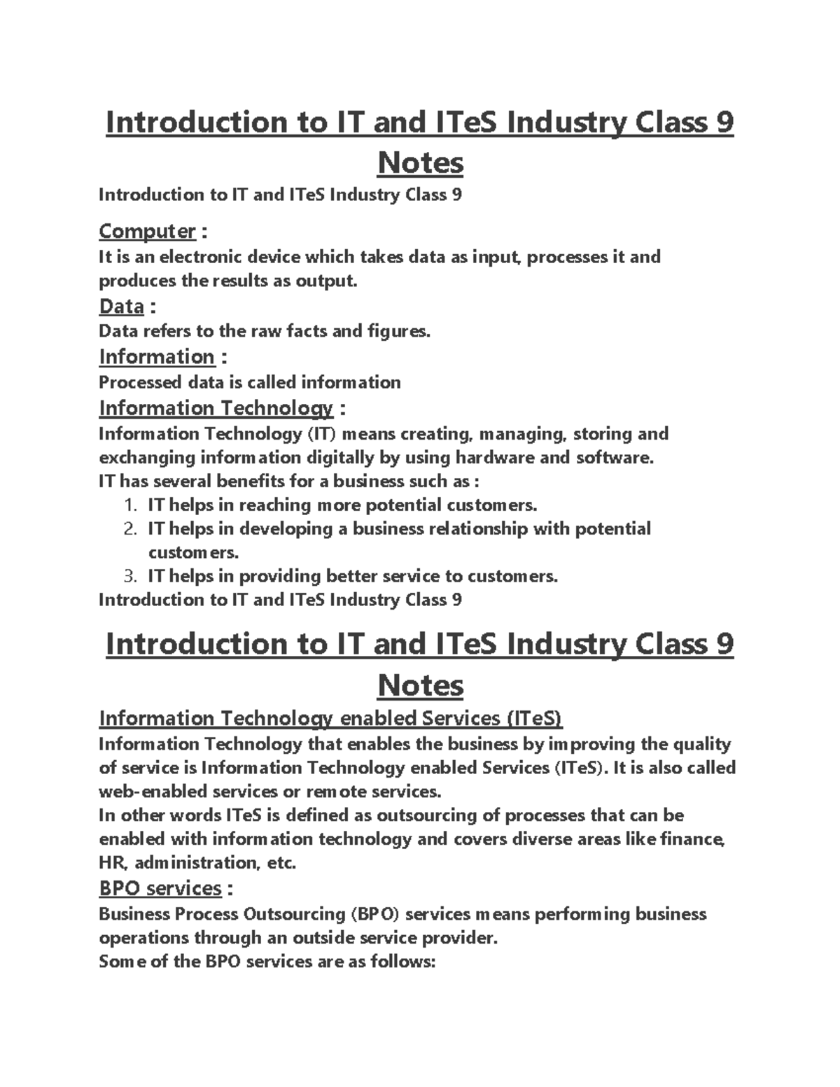 IT and ITeS Industry Class 9 - Comprehensive Lesson Notes - Studocu
