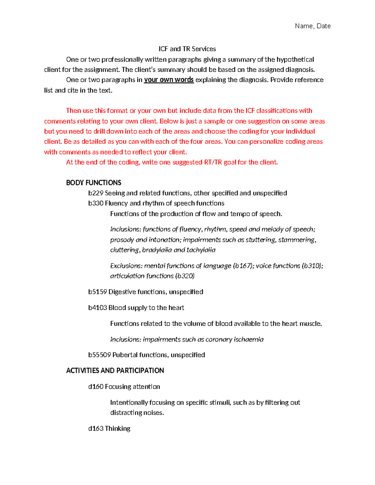 ICF and TR Services - Name, Date ICF and TR Services One or two ...