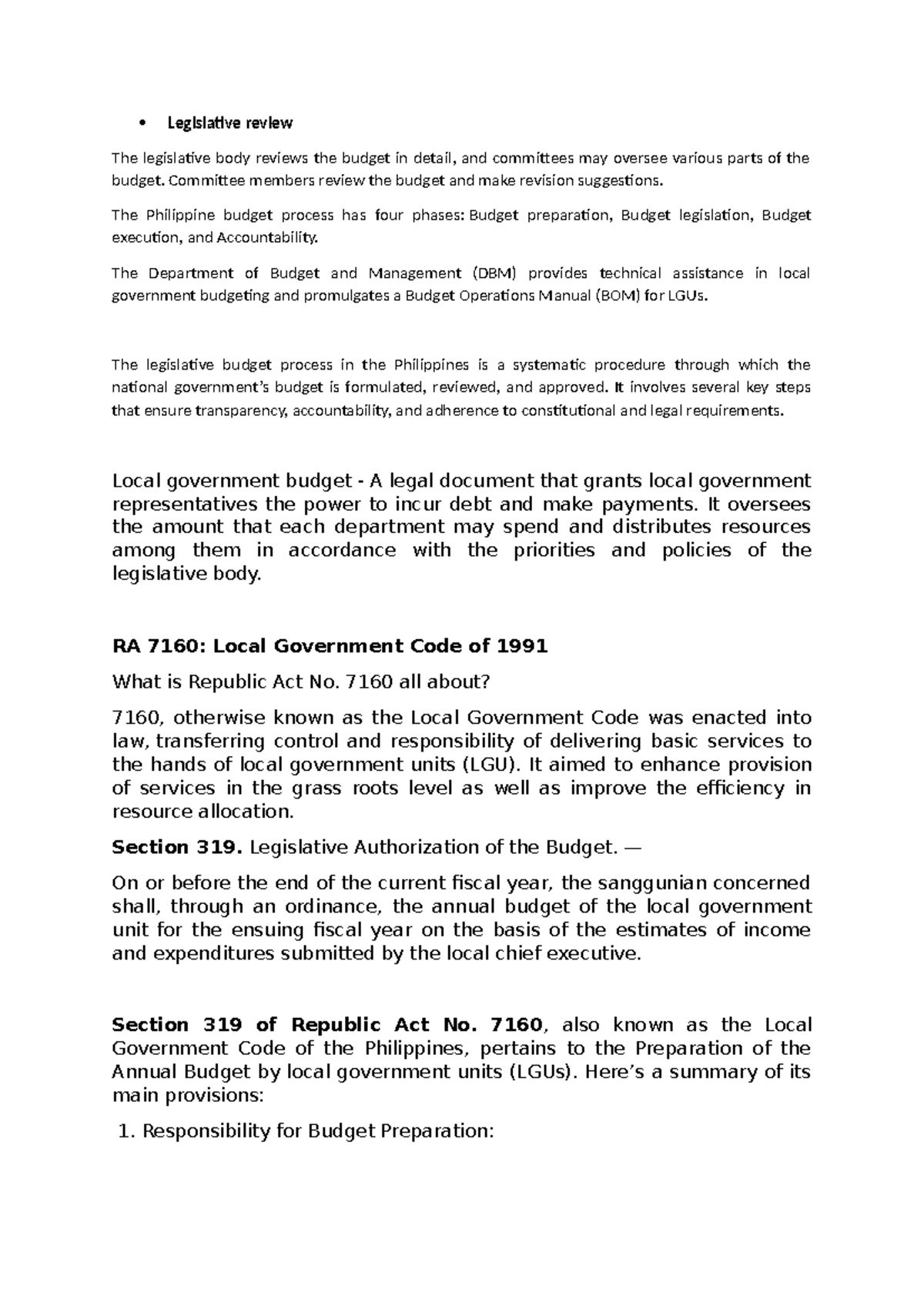 RA 7160 - Review of the Local Government Budget Process in the ...