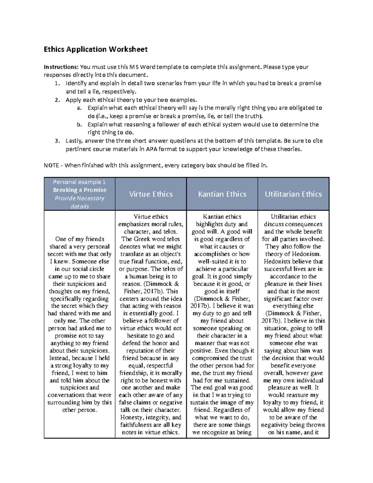 Ethics Application Worksheet - Ethics Application Worksheet ...