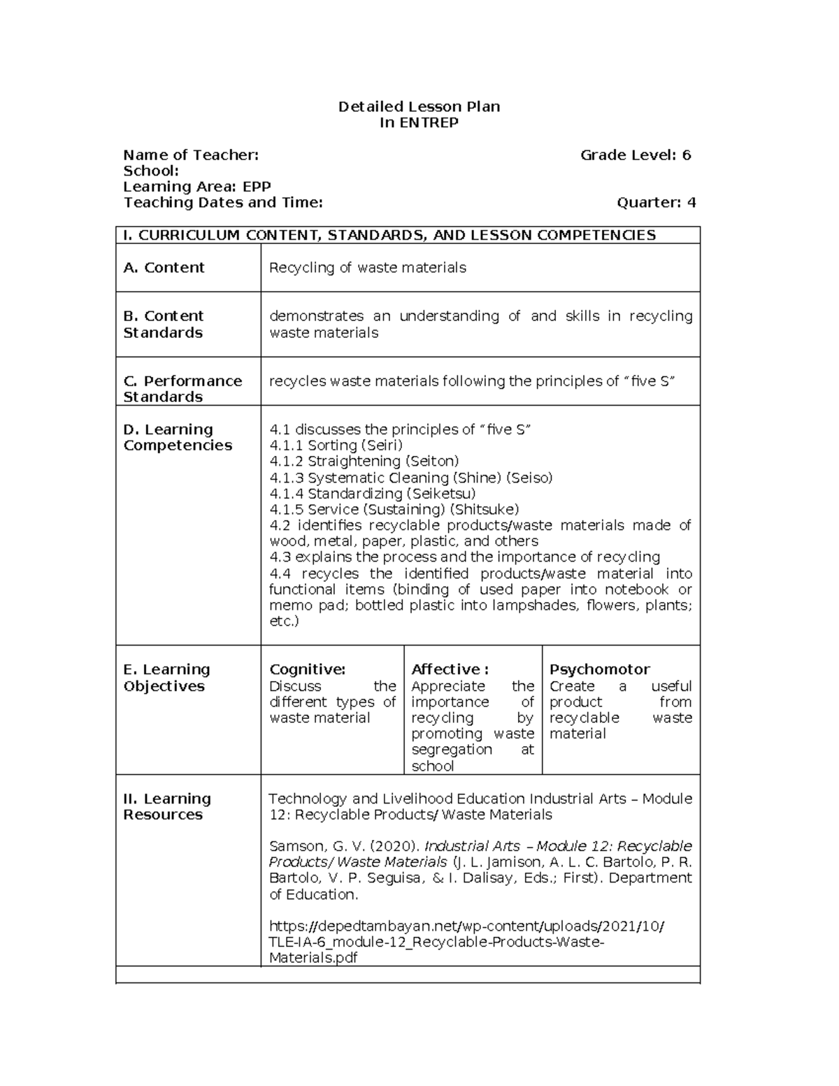 Matatag-DLP ENTREP: Detailed Lesson Plan on Waste Recycling - Studocu