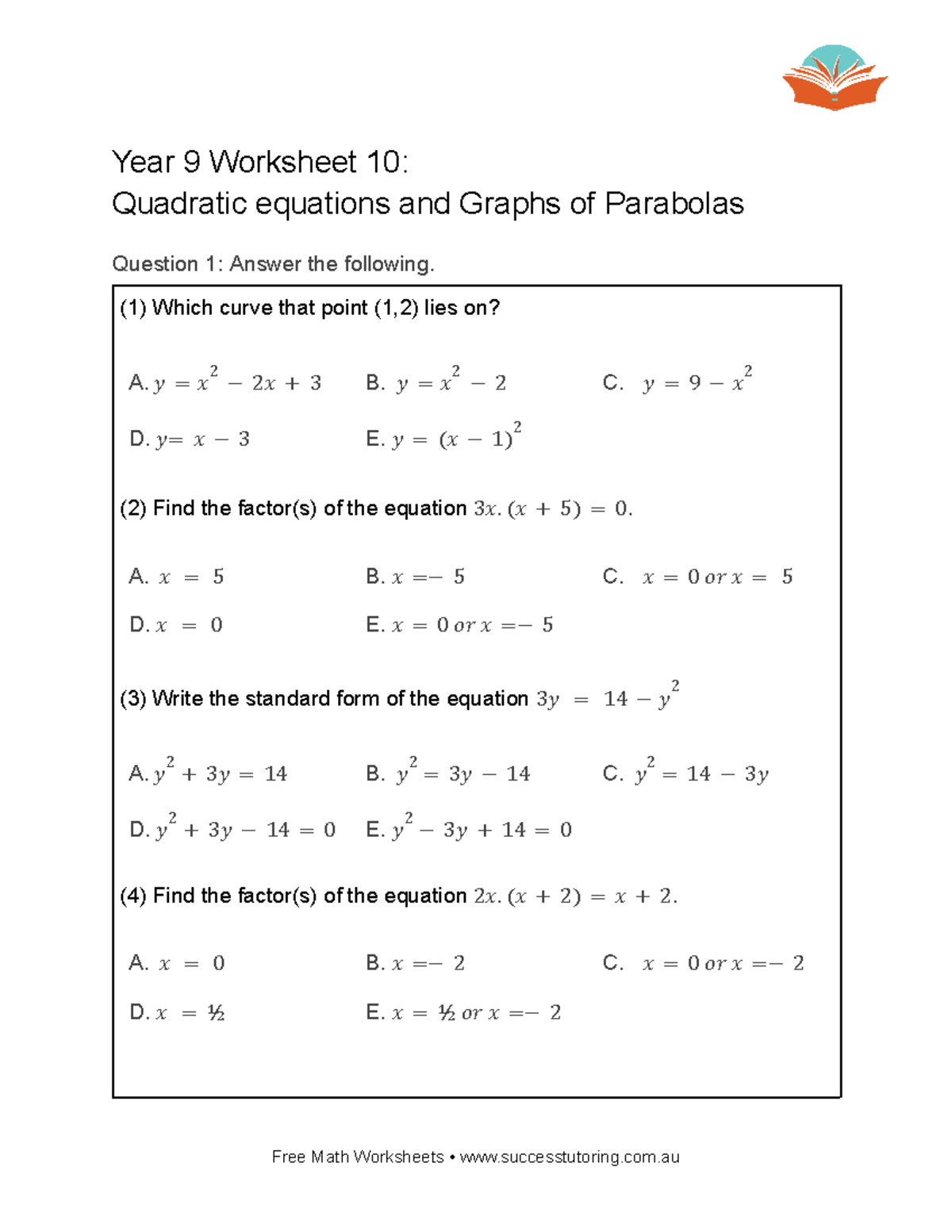 Year 9 Worksheet 10: Quadratics & Parabolas Exercises and Solutions ...