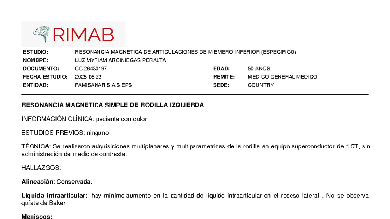 Informe de Resonancia Magnética de Rodilla Izquierda - CC 26433197 ...