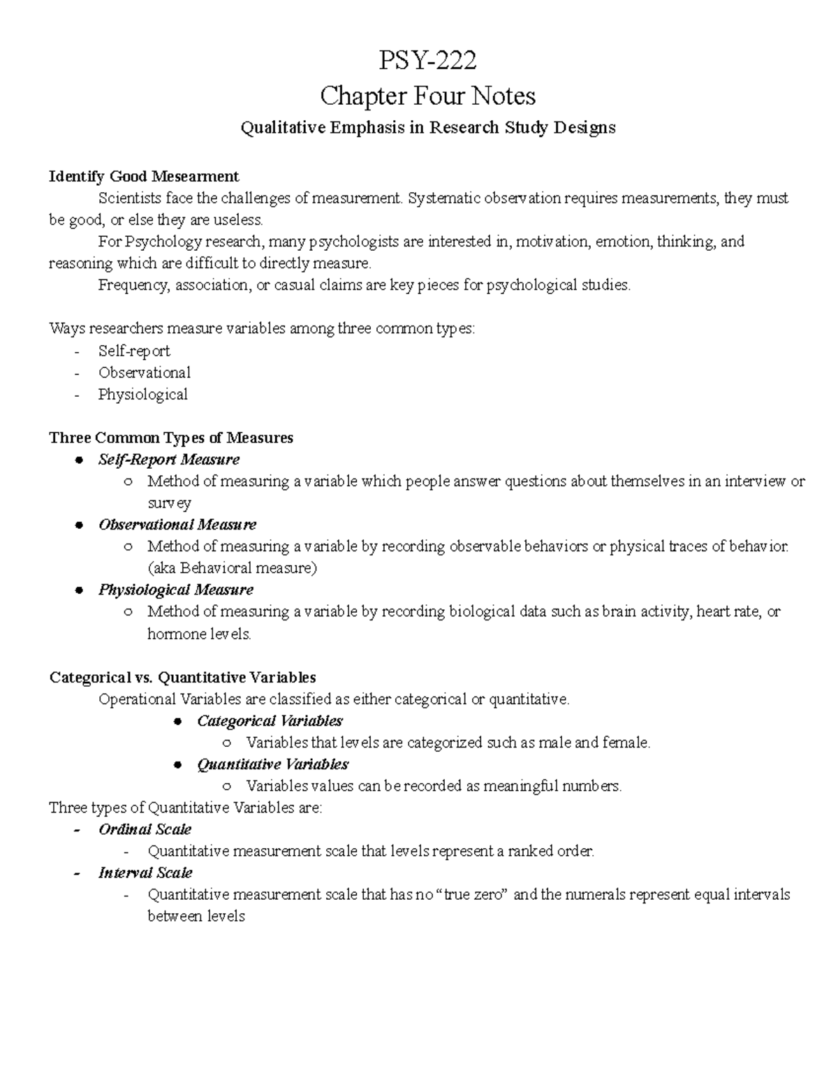 PSY-222 Chapter 4 Notes - PSY- Chapter Four Notes Qualitative Emphasis ...