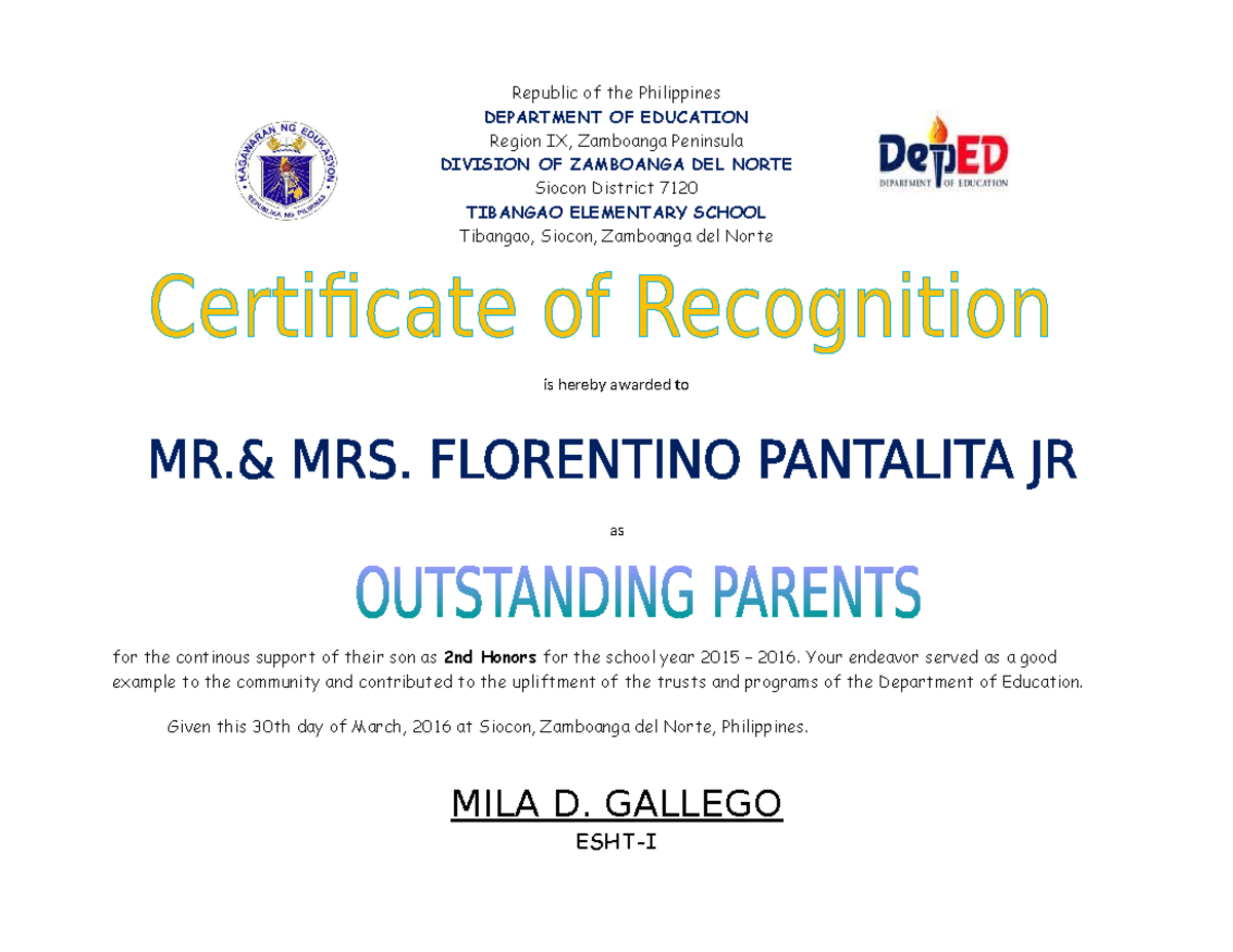 Outstanding Parents - doc - DEPARTMENT OF EDUCATION Region IX ...