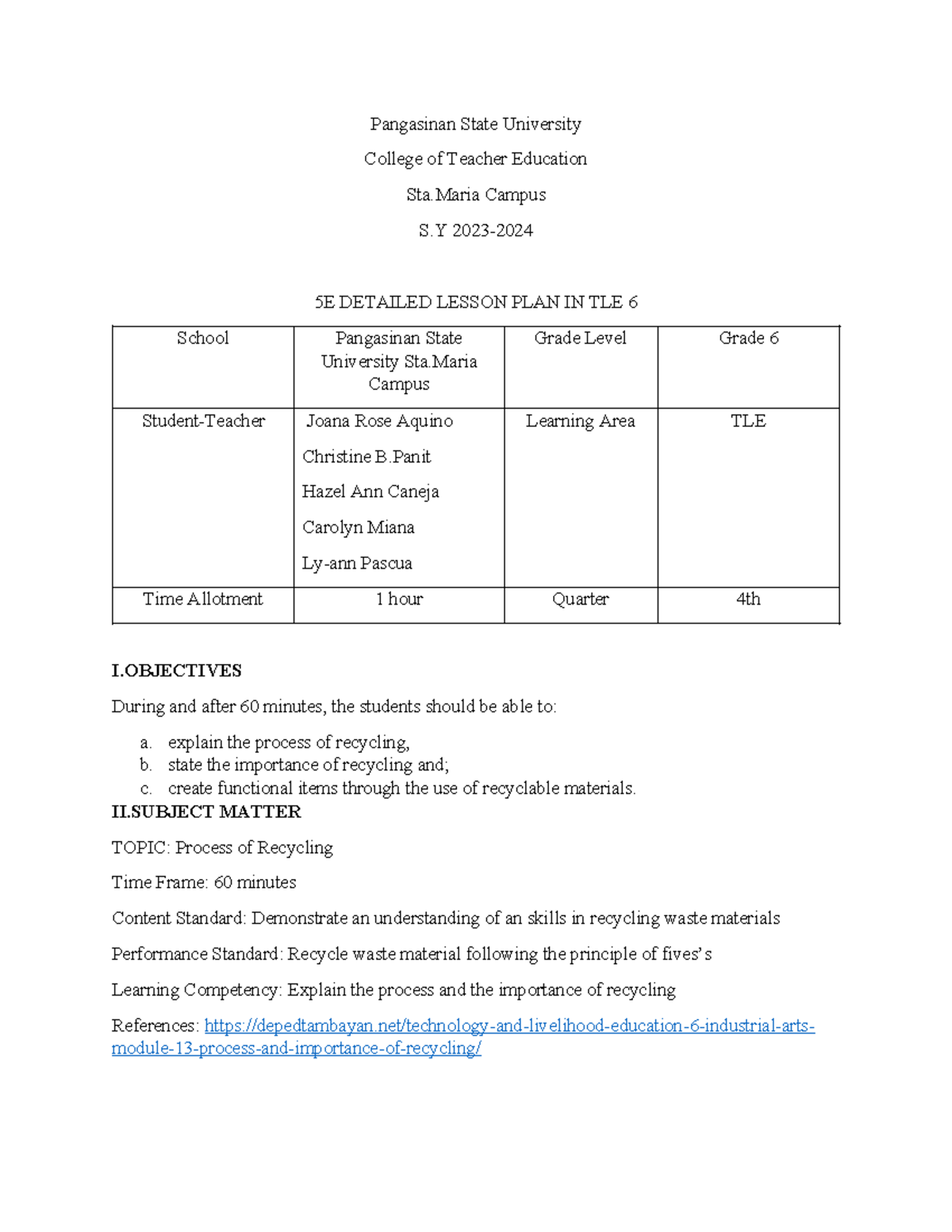 Group 7 EPP TLE 6 - Detailed Lesson Plan on Recycling Processes - Studocu