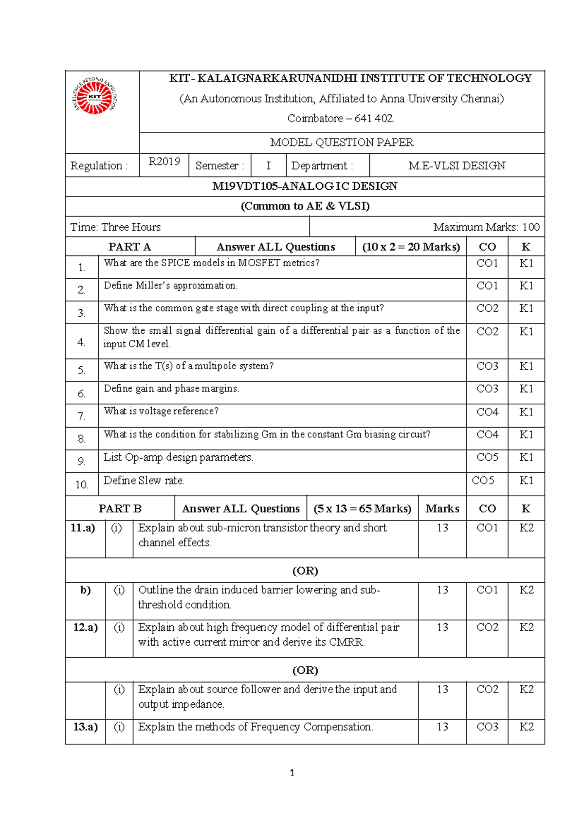 M19VDT105 - Analog IC Design Model Question Paper (QP) - Studocu