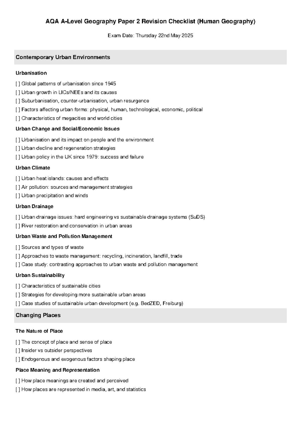 AQA Geography Paper 2 Human Geography Revision Guide - Studocu