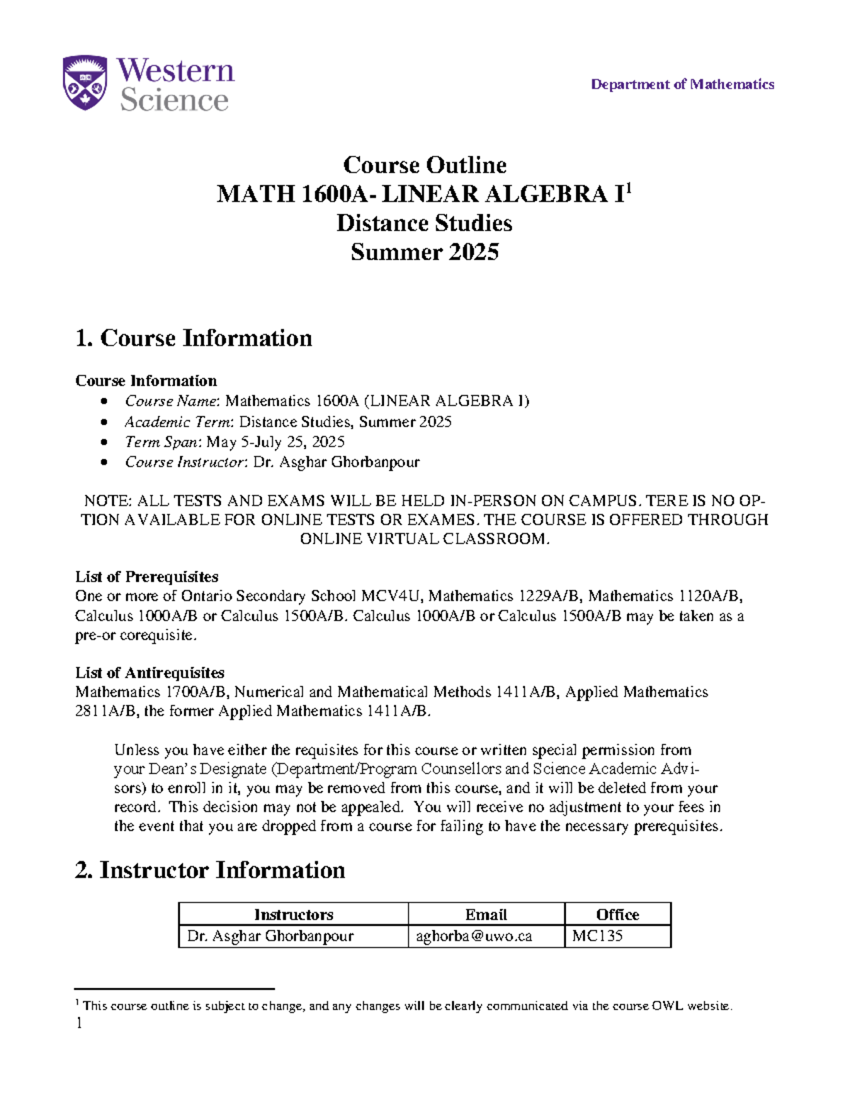 Western University MATH 1600A Course Outline: Linear Algebra I Summer ...