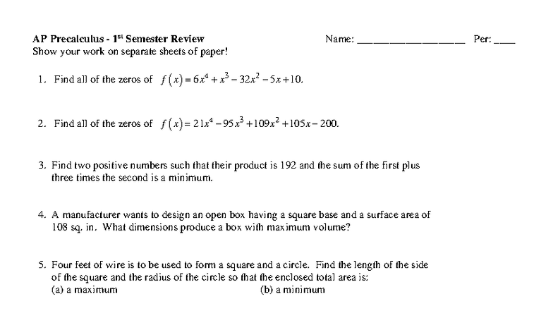 AP Precalculus 1st Semester Review Problems and Solutions - Studocu