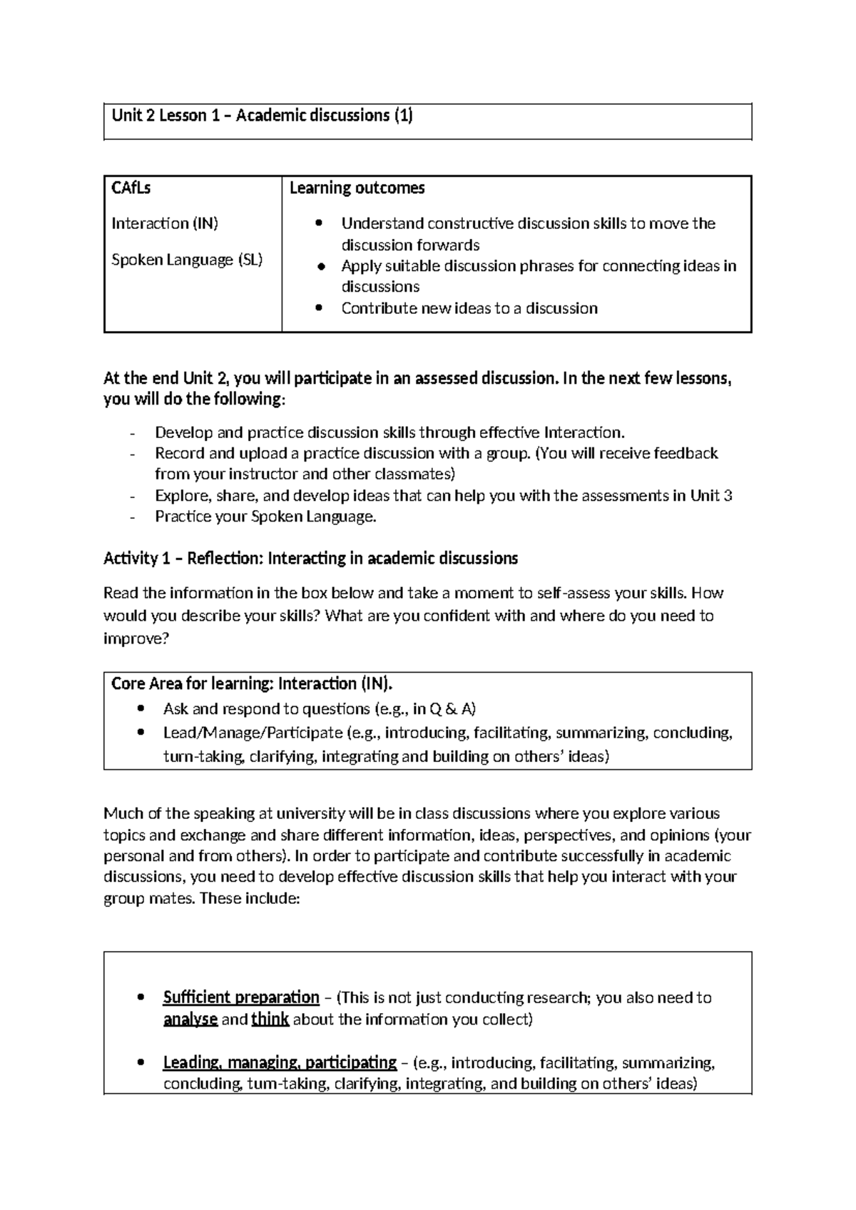 Unit 2 Lesson 1 - Skills for Academic Discussions (CAfLs) - Studocu