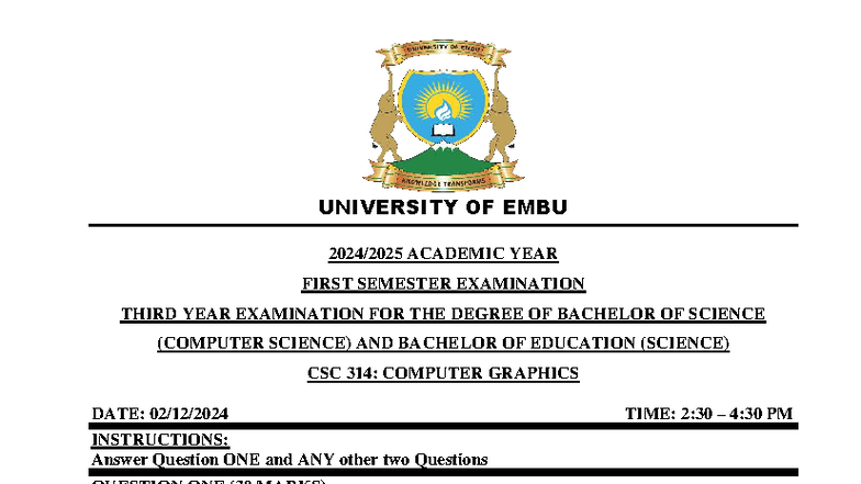 CSC 314: Computer Graphics Final Exam Questions and Instructions - Studocu