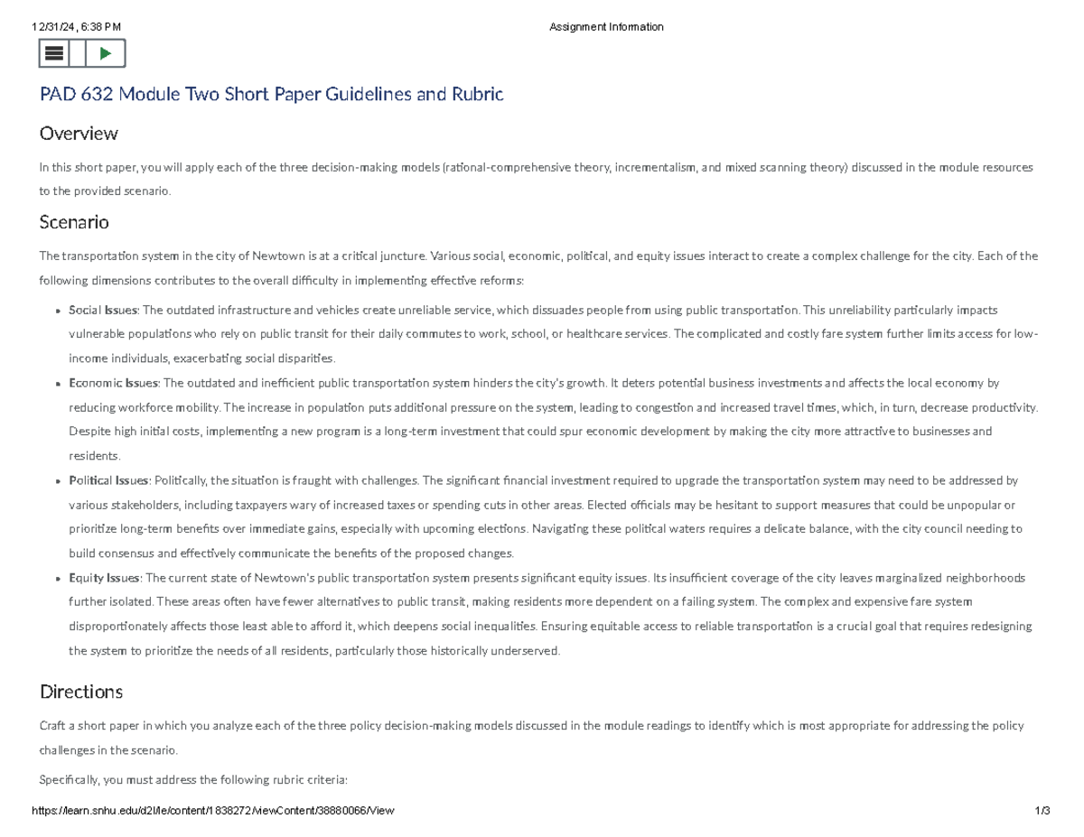 PAD-632 Module Two Short Paper: Decision-Making Models for Public ...