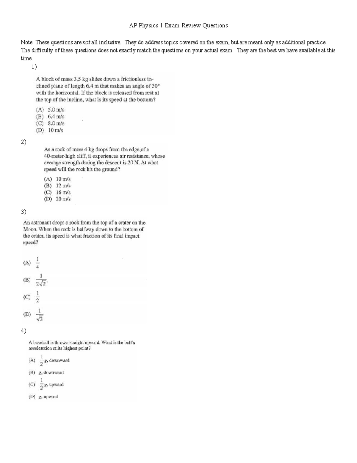 AP Physics 1 Exam Review Questions 2020-21: Practice Set - Studocu