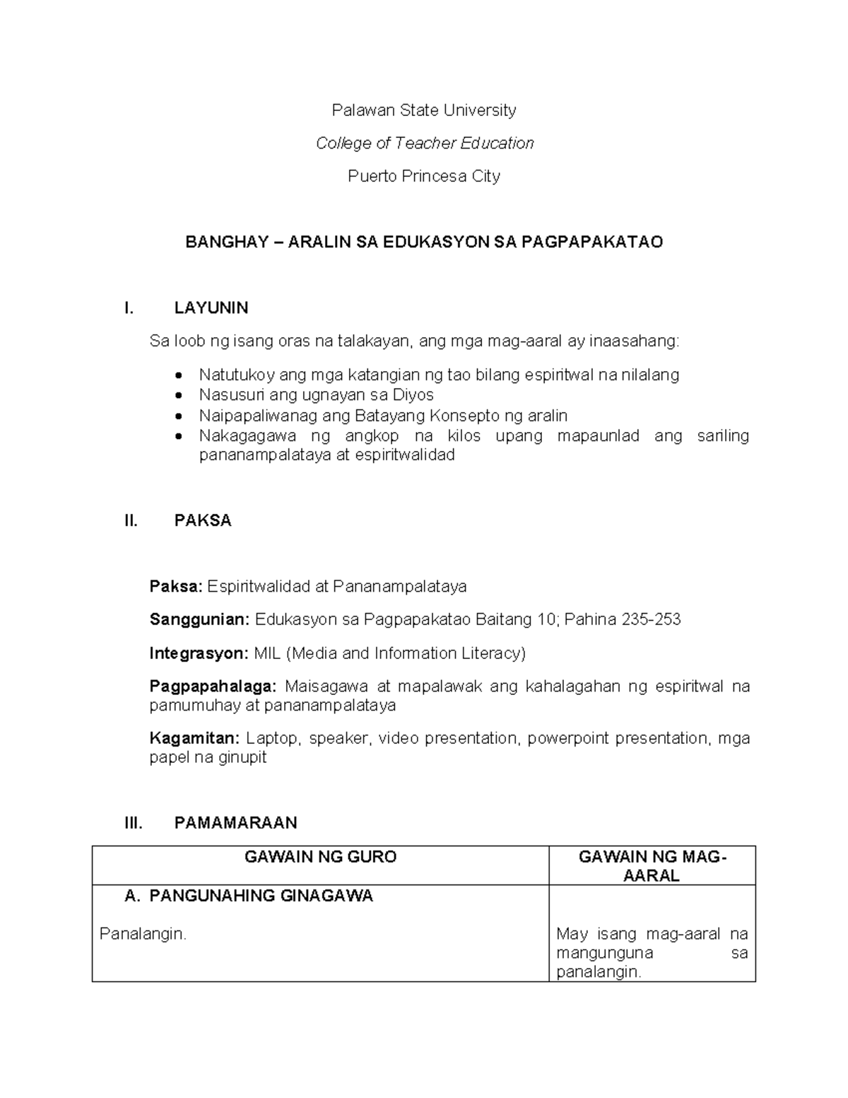 ESP Lesson Plan on Spirituality and Faith Development - Studocu