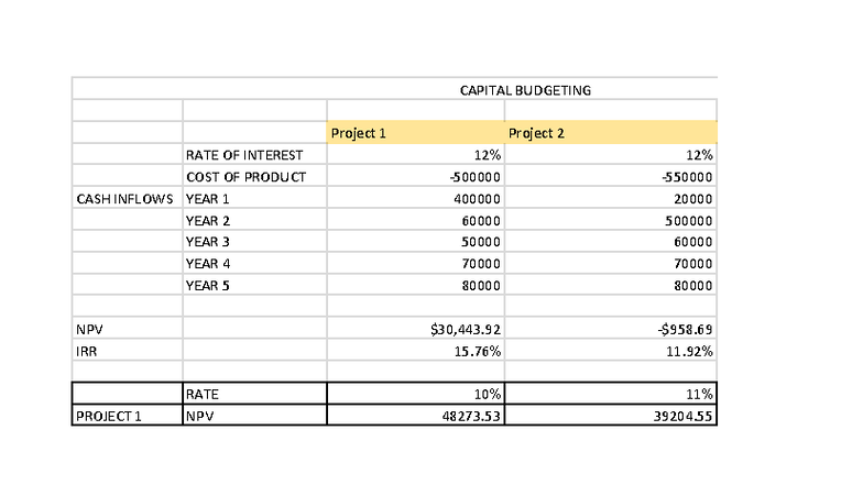 CAPITAL BUDGETING Project 1 & 2 Analysis: NPV & IRR Results - Studocu