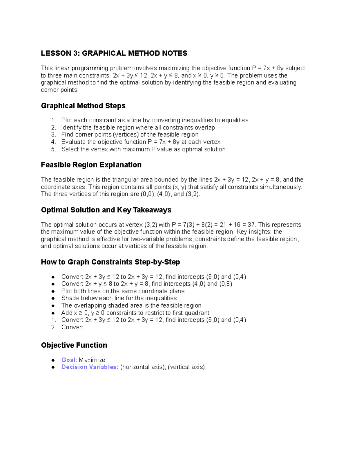 MATH 101: Lesson 3 - Graphical Method for Linear Programming - Studocu