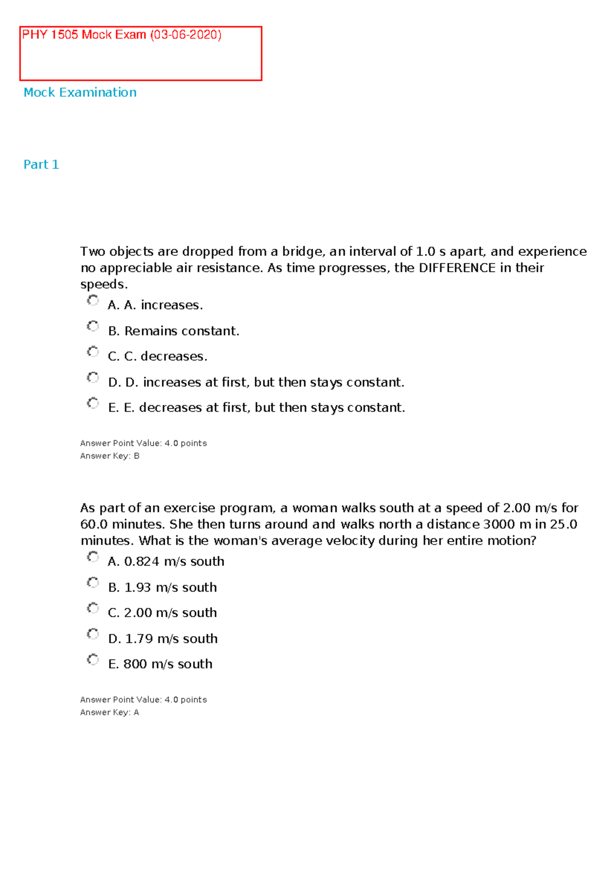 PHY 1505 Mock Exam Practice Questions & Answers - Studocu