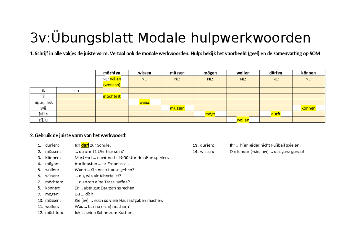 3v Übungsblatt Modale Hulpwerkwoorden 2025 - Studeersnel