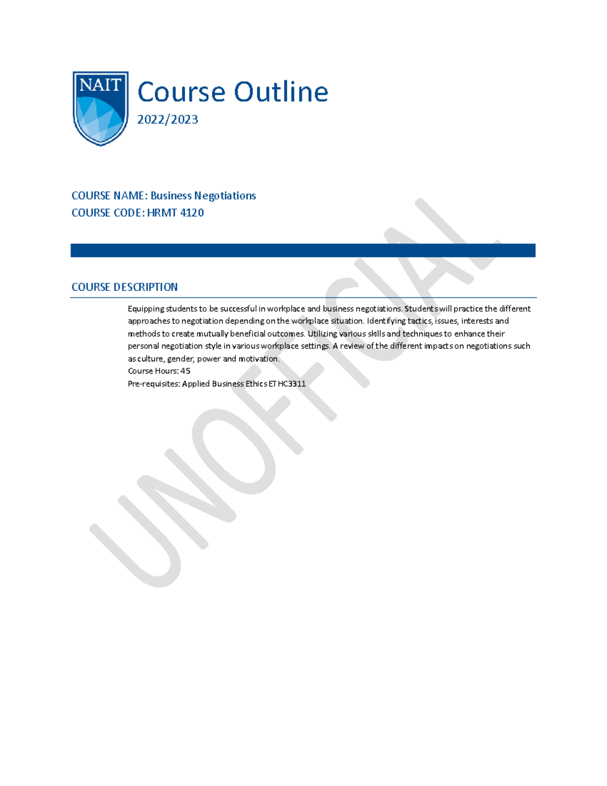 HRMT 4120 Course Outline: Business Negotiations Overview 2022 - Studocu