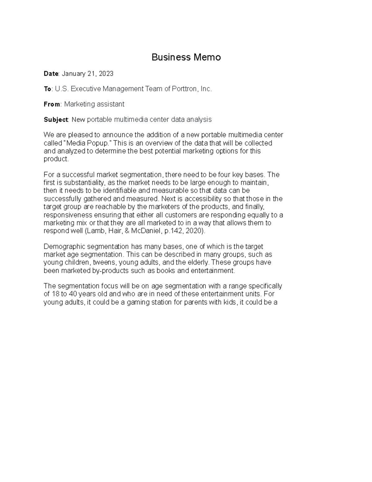 MT219 Unit 6 Assignment - Business Memo Date: January 21, 2023 To: U ...