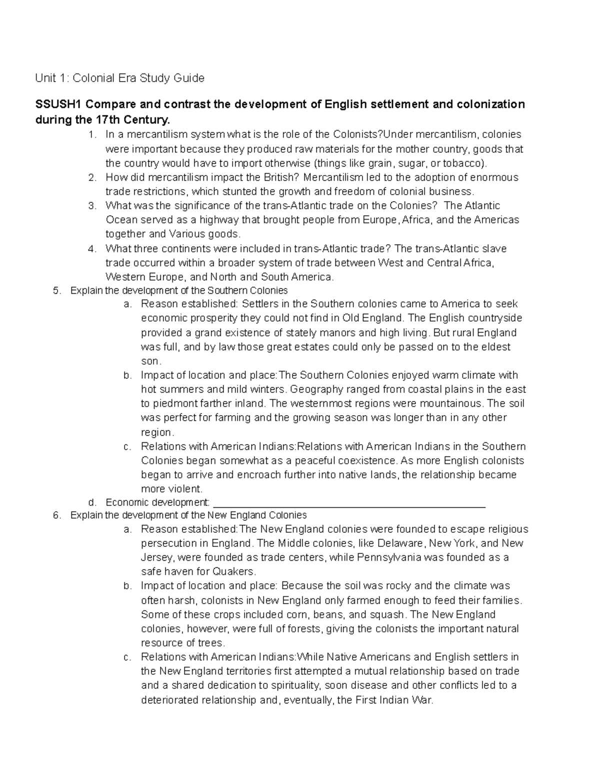 Unit 1-3 EOC Study Guide - Colonial Era Overview and Key Concepts - Studocu