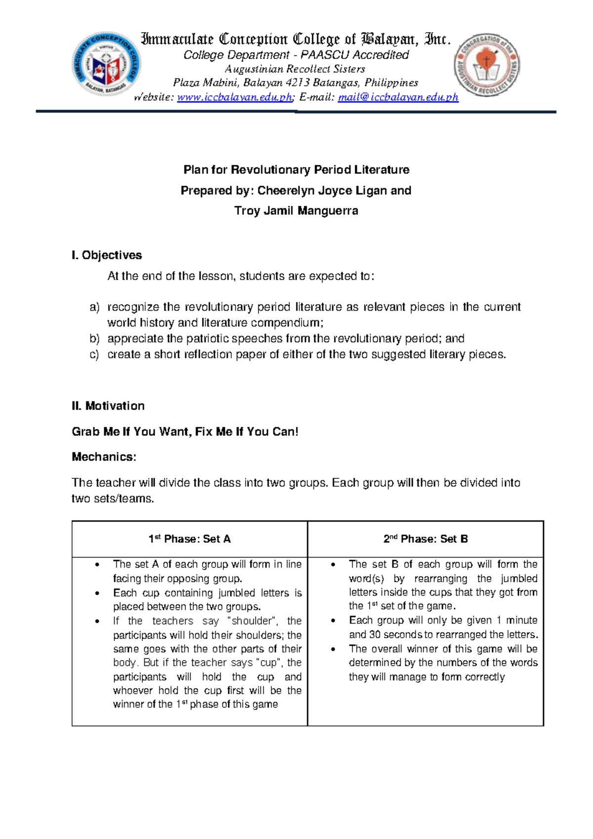 WEEK 13 Lesson Plan: Exploring Revolutionary Period Literature - Studocu