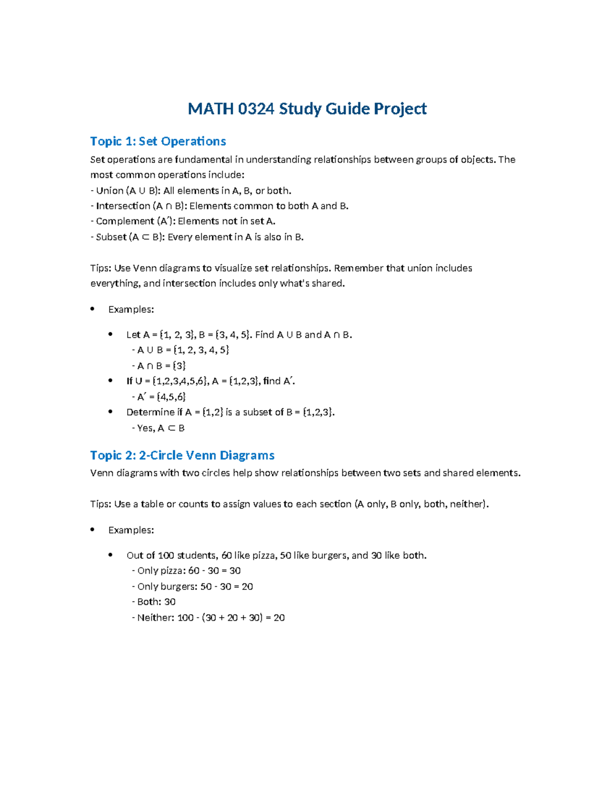 MATH 0324 Study Guide: Set Operations & Venn Diagrams - Studocu
