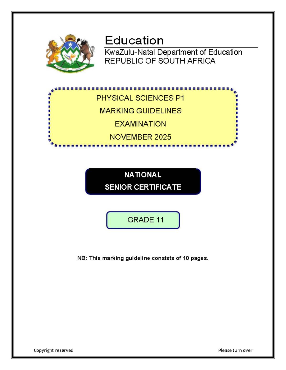 Final Physical Sciences P1 Marking Guidelines GR 11 KZN Nov 2025 - Studocu