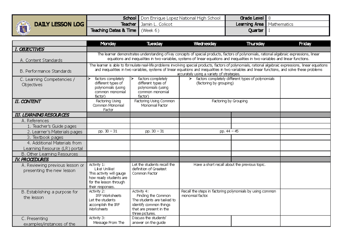 Sample Grade 8 DLL Q1W6 - DLL for mathematics - DAILY LESSON LOG School ...