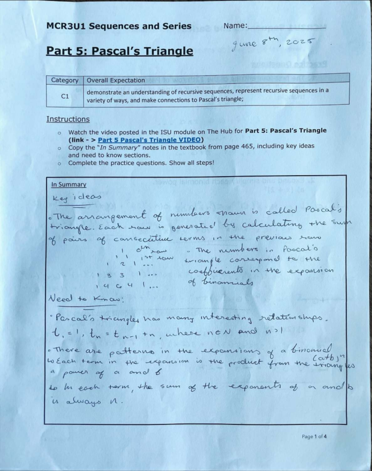 MCR3U1 Sequences and Series: Pascal's Triangle Part 5 Notes - Studocu
