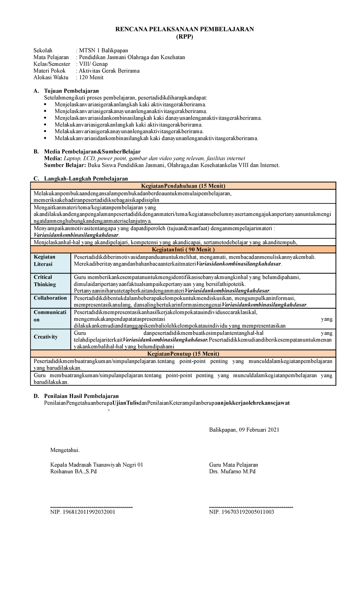 12. RPP 7 - Gerak Berirama - Pjok Kelas 8 - Studocu