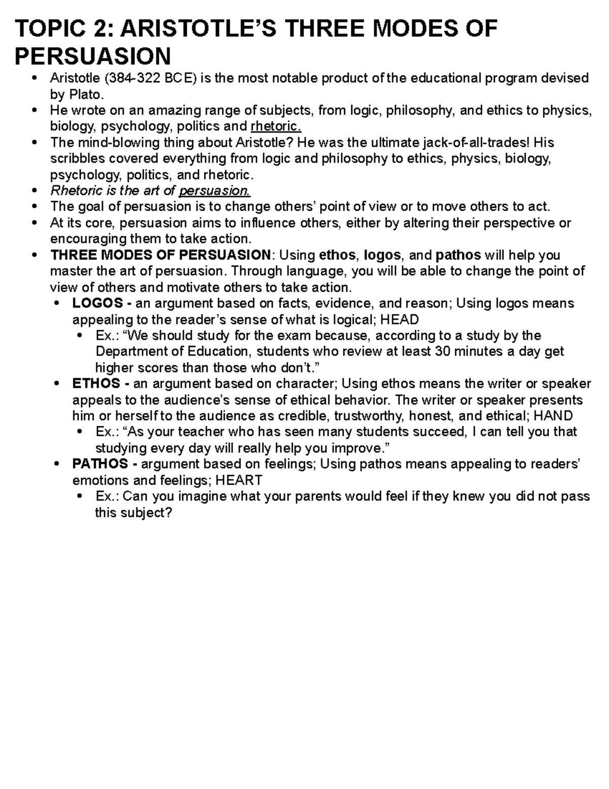 Modes of Persuasion: Understanding Ethos, Logos, and Pathos - Studocu