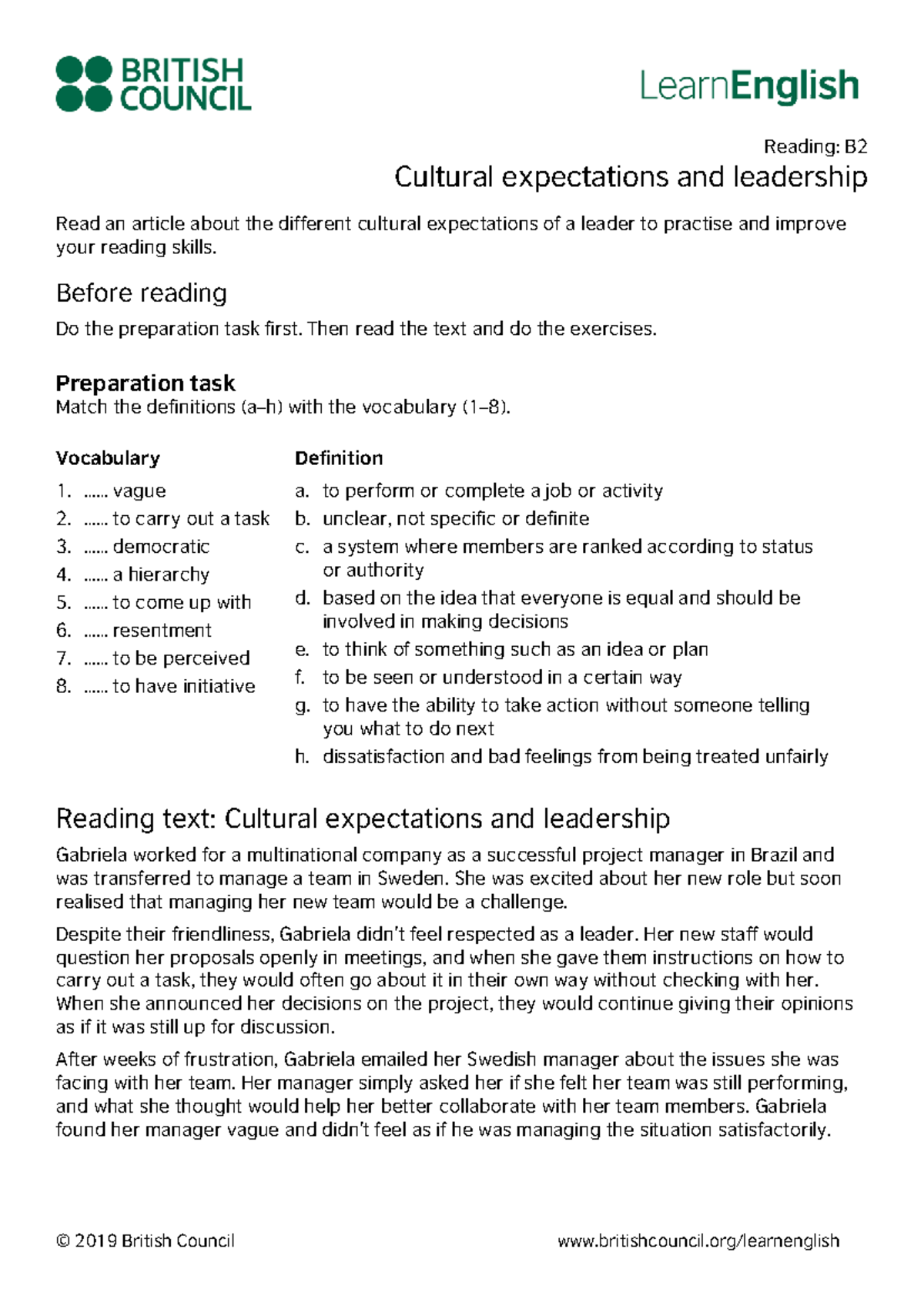 Learn English Reading B2 Cultural expectations and leadership - Reading ...