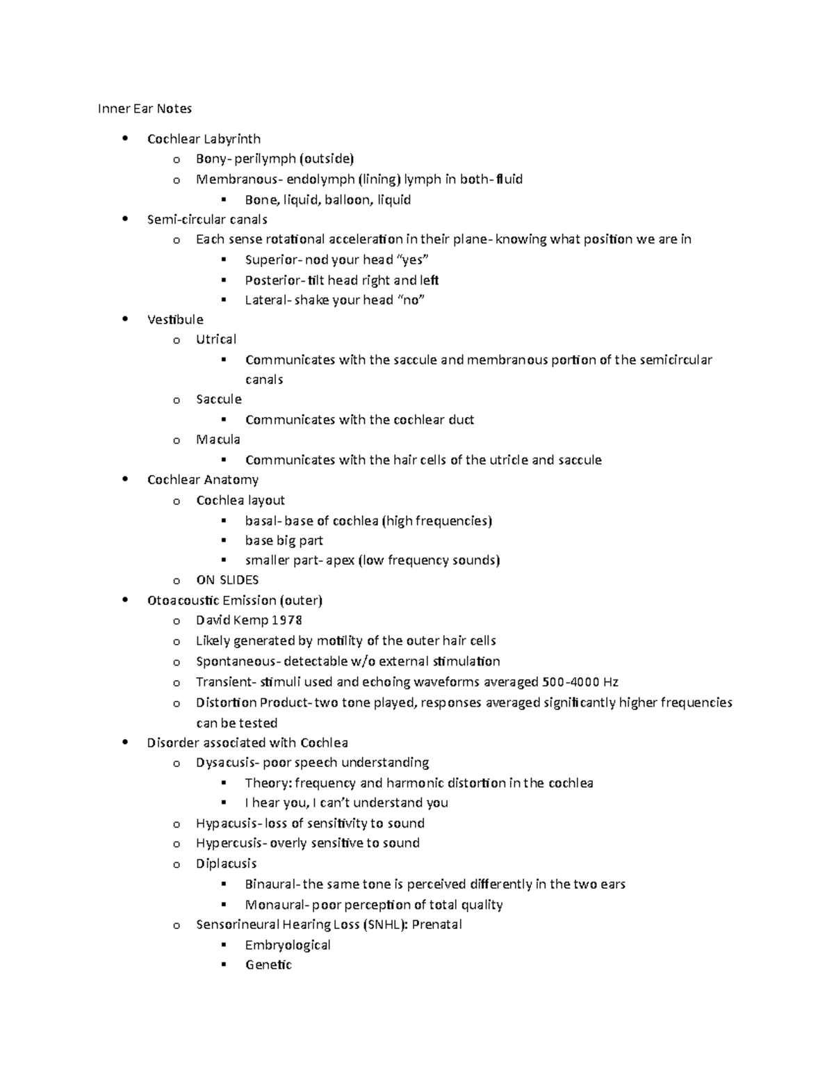 Inner Ear Notes - Inner Ear Notes Cochlear Labyrinth o Bony- perilymph ...