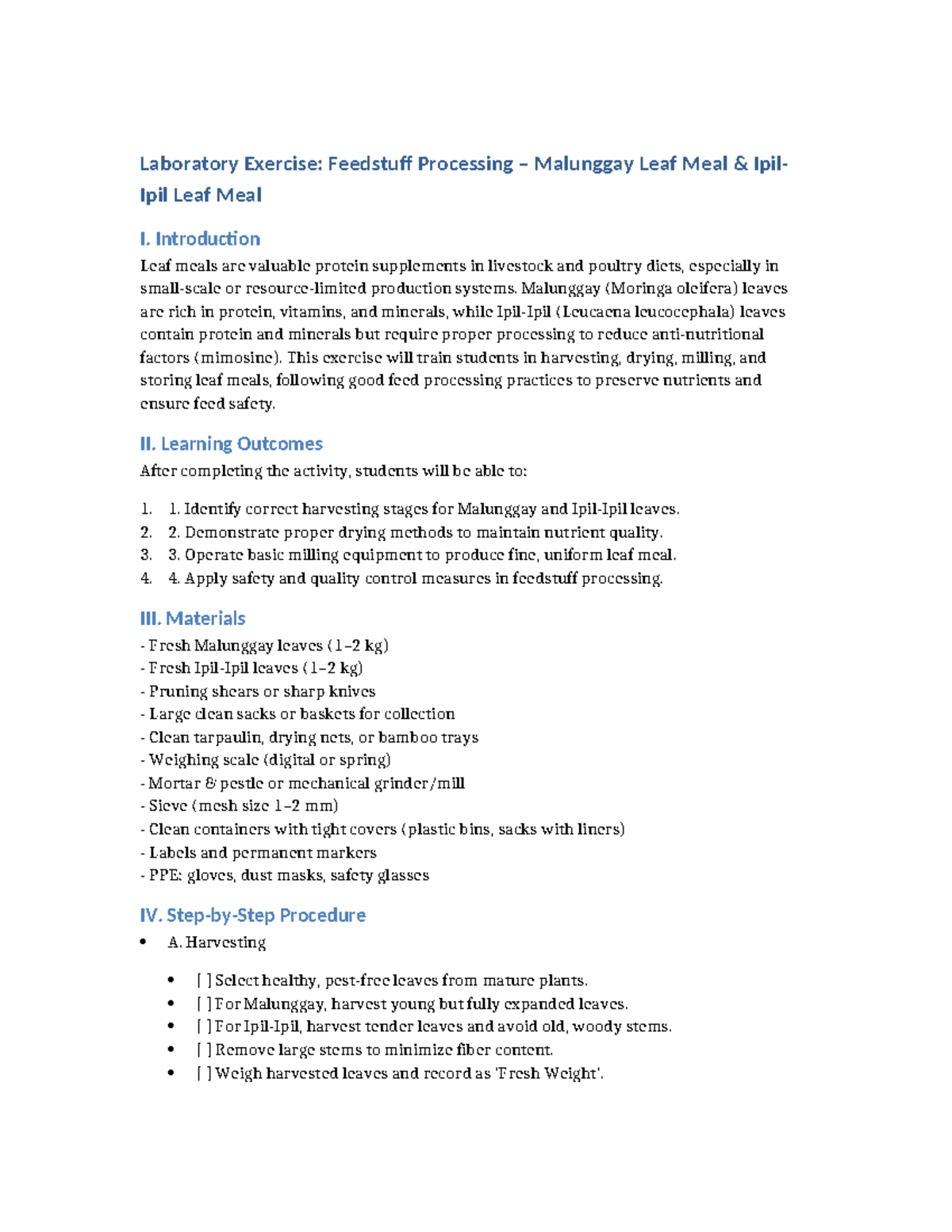 Feedstuff Processing: Malunggay & IpilIpil Leaf Meal Lab Exercise - Studocu