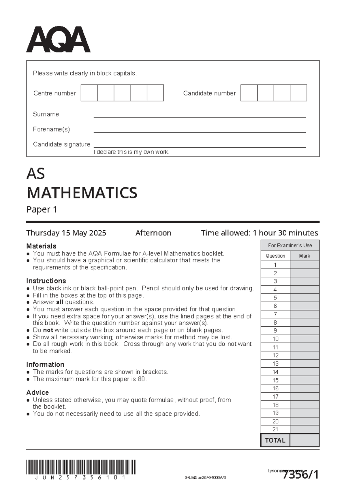 AS Mathematics Paper 1 QP3 - 15 May 2025 Afternoon Exam - Studocu