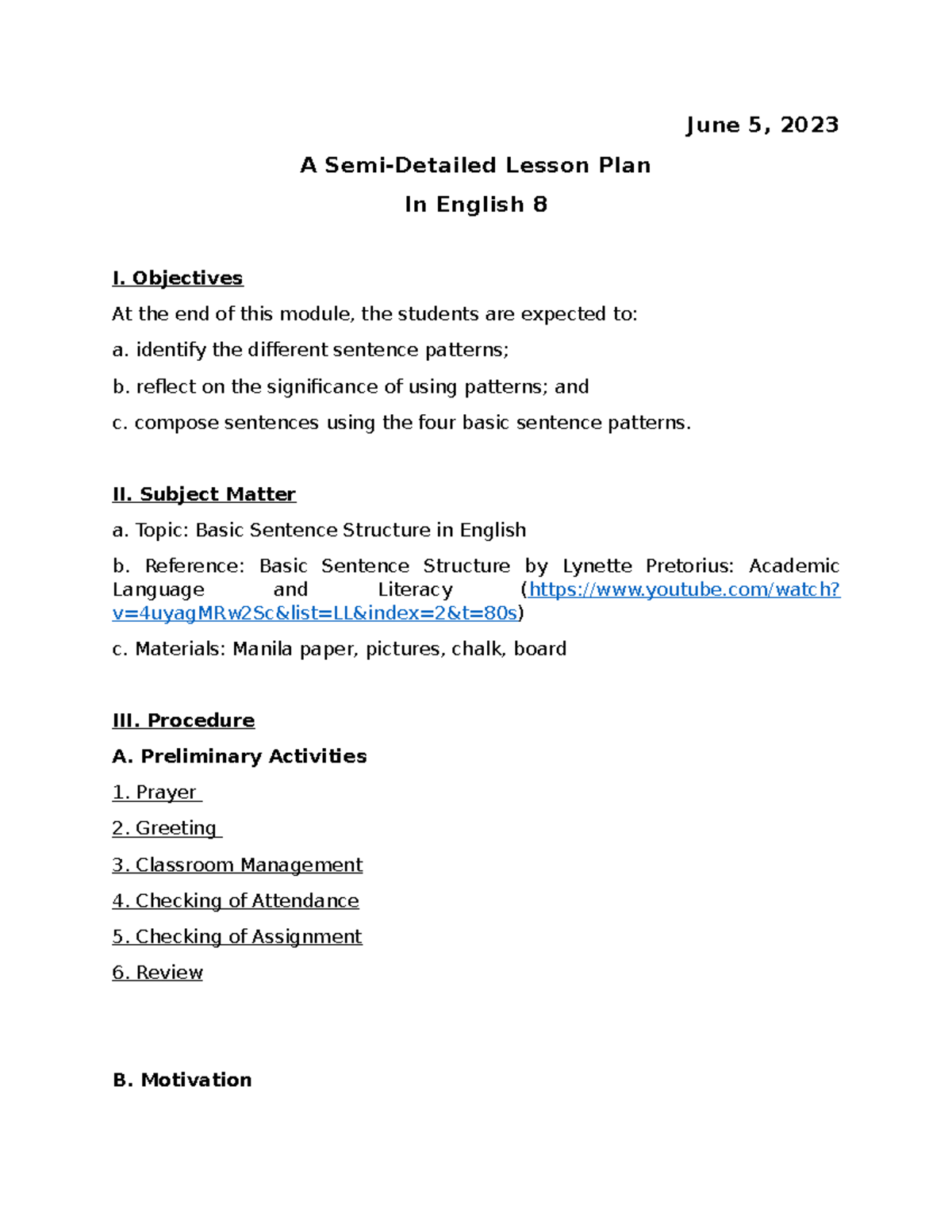 Basic Sentence Structure Lesson Plan - SDLP for English 8 - Studocu