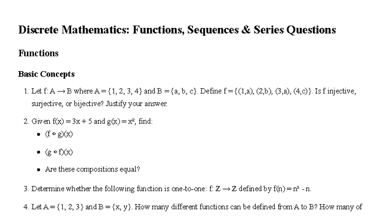 Discrete Mathematics: Functions, Sequences & Series Questions - Studocu