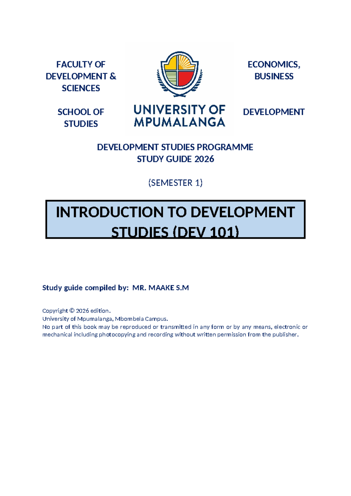 DEV 101: Introduction to Development Studies Study Guide 2026 - Studocu