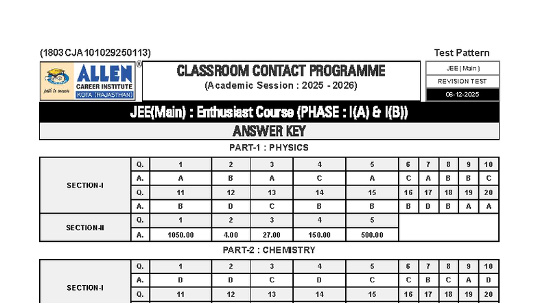 (1803CJA101029250113) JEE (Main) Revision Test Answer Key & Hint Sheet ...