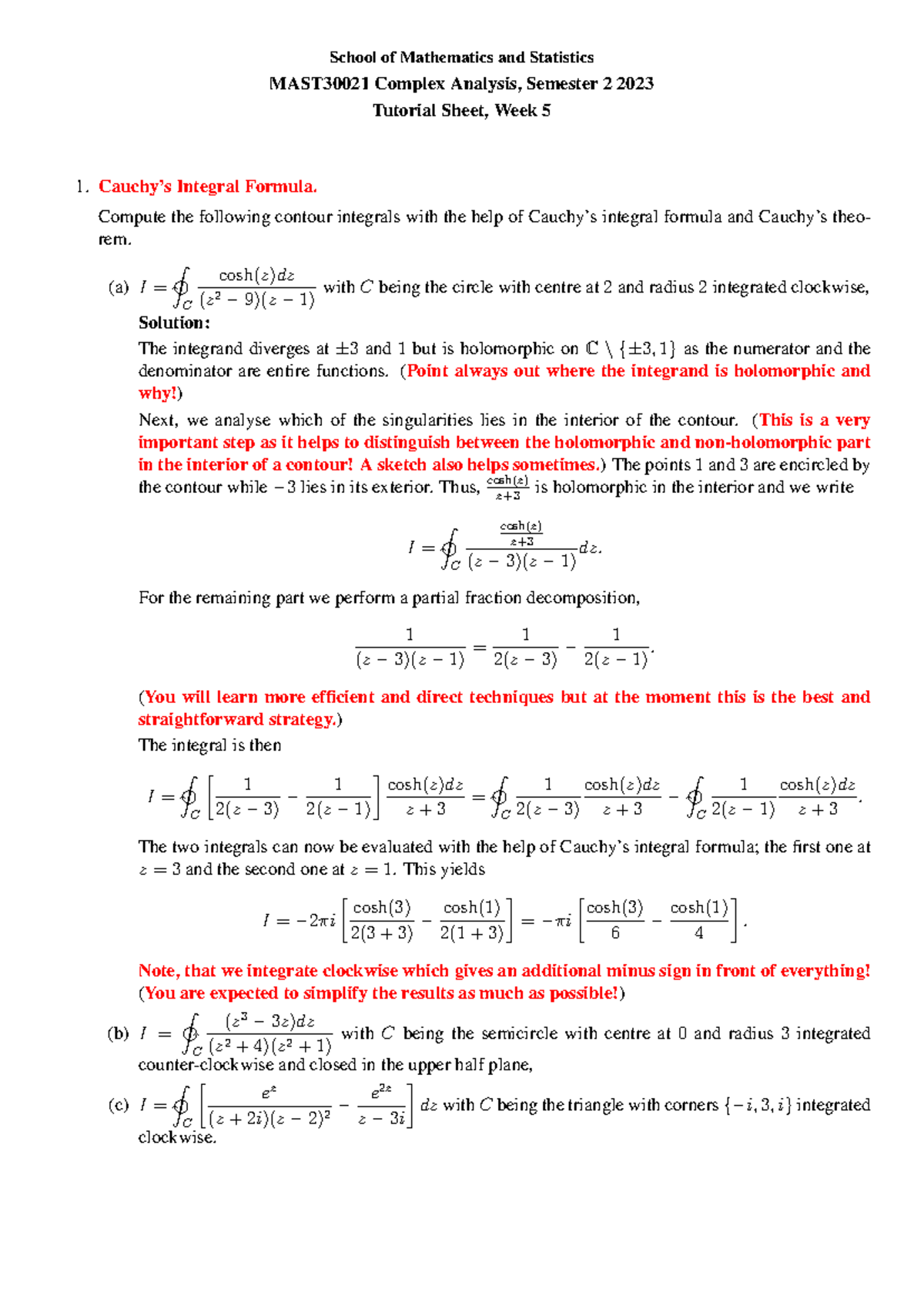 MAST30021 Complex Analysis Tutorial Sheet Week 5: Contour Integrals ...